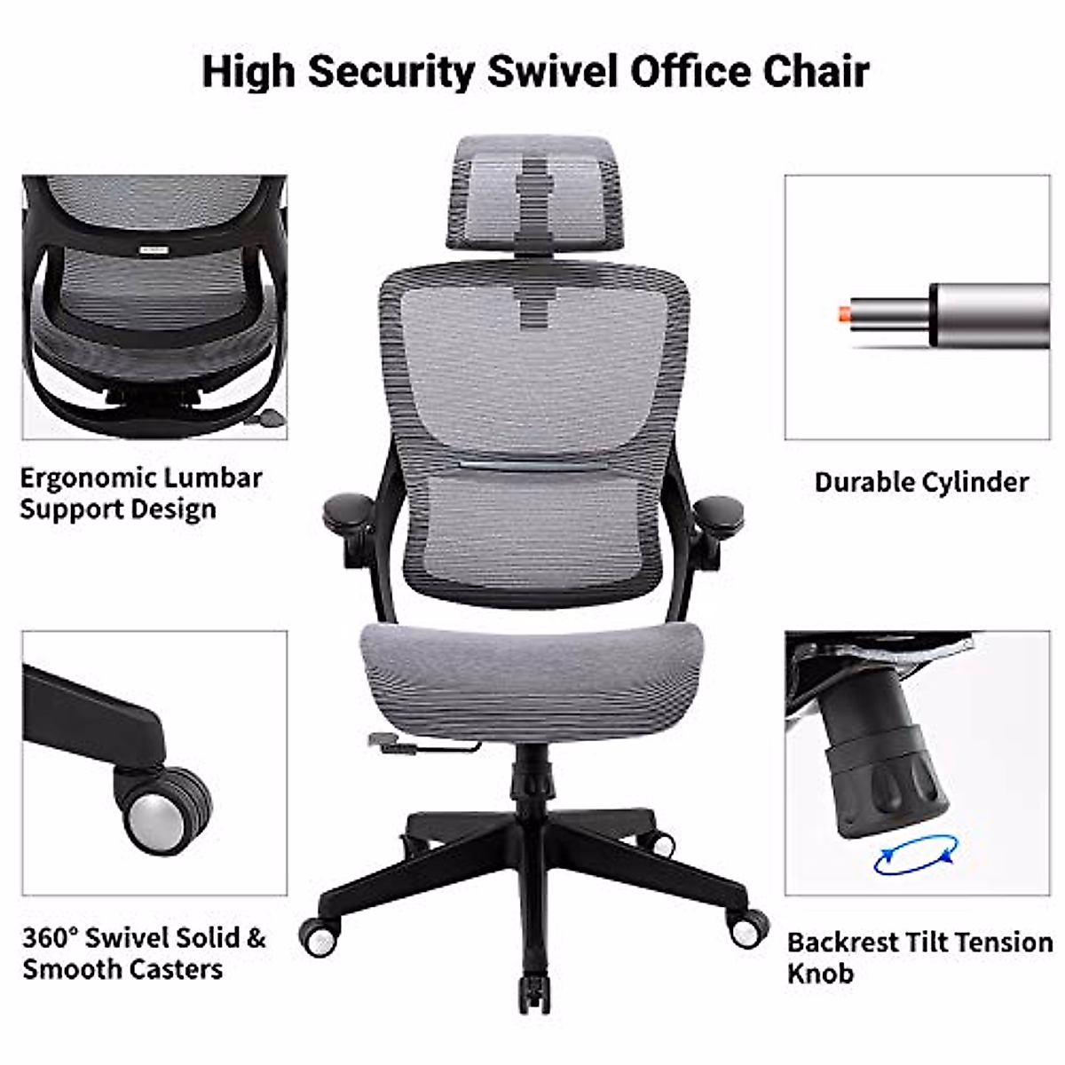 Office Chair Mesh Ergonomic Desk Chair High Back Computer Task Chair Swivel Stool Rolling Home Office Chair with Flip up Arms Adjustable 3D Lumbar Back Support Headrest 300lb