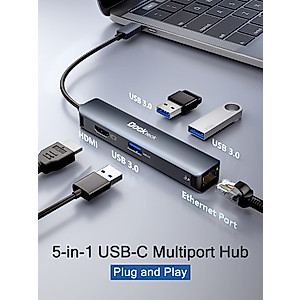 USB C Hub Ethernet, Dockteck 5-in-1 Multiport Adapter with USB C to 4K HDMI,1Gbps LAN, 3 USB 3.0, for MacBook Air/Pro, iPad Air/Pro, Surface Pro, XPS and More