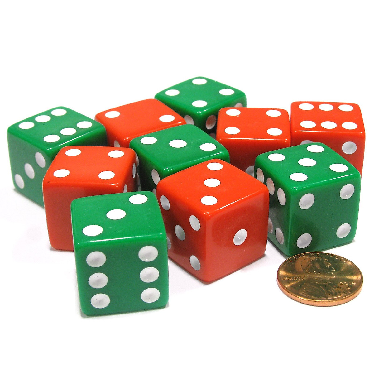 Koplow Games Set of 10 Large Six Sided Opaque 19mm D6 Dice - Christmas Colors 5 Green & 5 Red