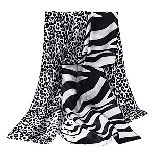 GERINLY Animal Print Shawl Wraps Zebra & Leopard Pattern Silky Scarf for Women Fashion Print Accessory (Black)