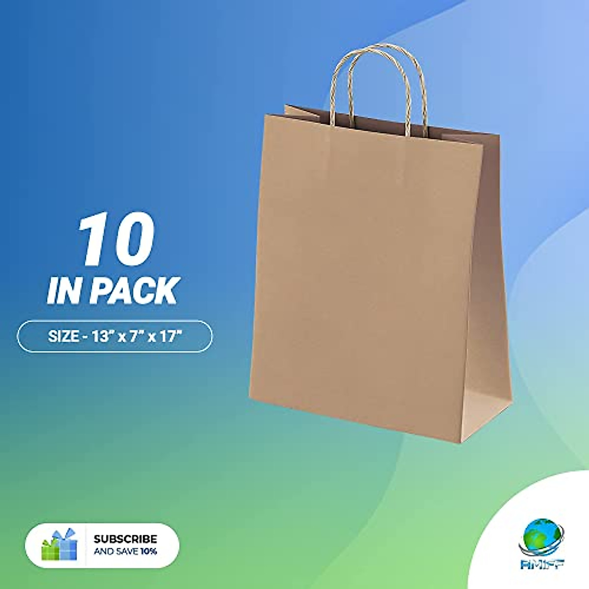 Amiff Kraft Paper Bags with Handles 13 x 7 x 17 Inch, Pack of 10 Brown Bags with Handles, Recyclable Sturdy 150 GSM Kraft Bags, Stylish and Classy Brown Paper Bags with Handles Bulk