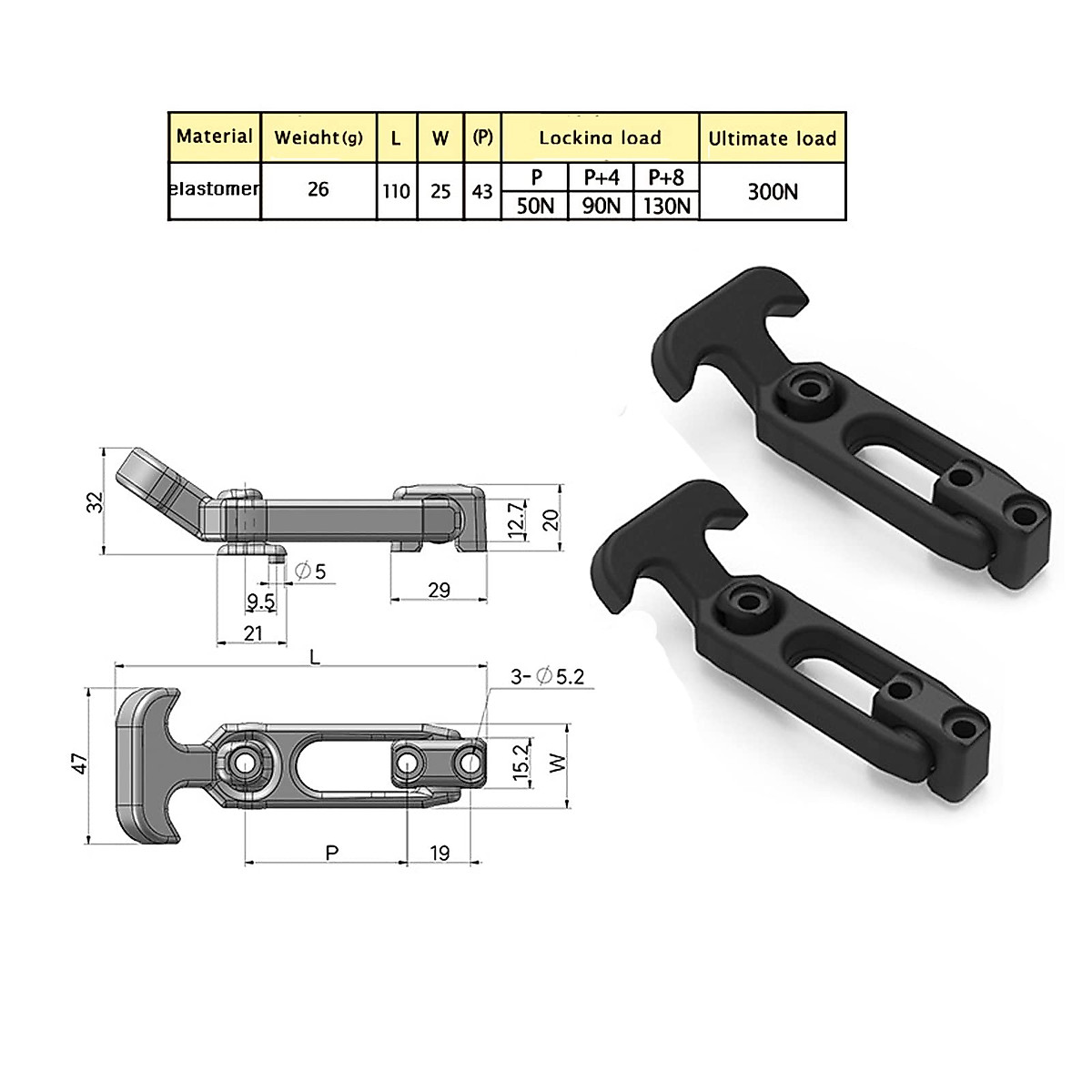 COOLOGIN Rubber Flexible T-Handle Hasp Draw Latch for Tool Box, Cooler, Golf Cart or Engineering Machine Hood (Black, 2 PCS)