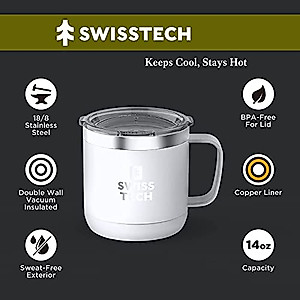 Swiss+Tech 14 oz Coffee Mug, Vacuum Insulated Mug Cup with Lid, Double Wall Stainless Steel Travel Tumbler Cup, Corrosion Resistant, BPA Free (Green&White)