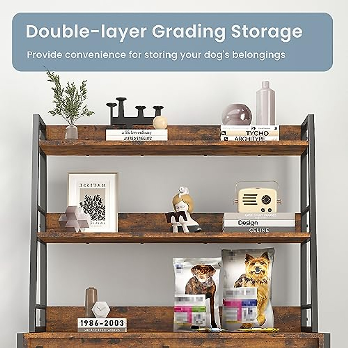Lyromix 37'' Dog Crate Furniture with Shelves for Small to Medium Pets, Wooden Cage End Table Side Table, Heavy Duty Indoor Puppy Kennel with Sliding Door, Brown