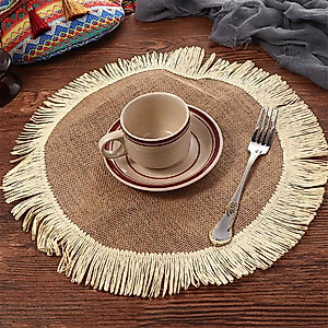 Cup Pad Placemat,Jute Simple Insulation Pad Heat Insulation Non-Slip Boho Coaster Environmental Tassel Table Mat(Black)
