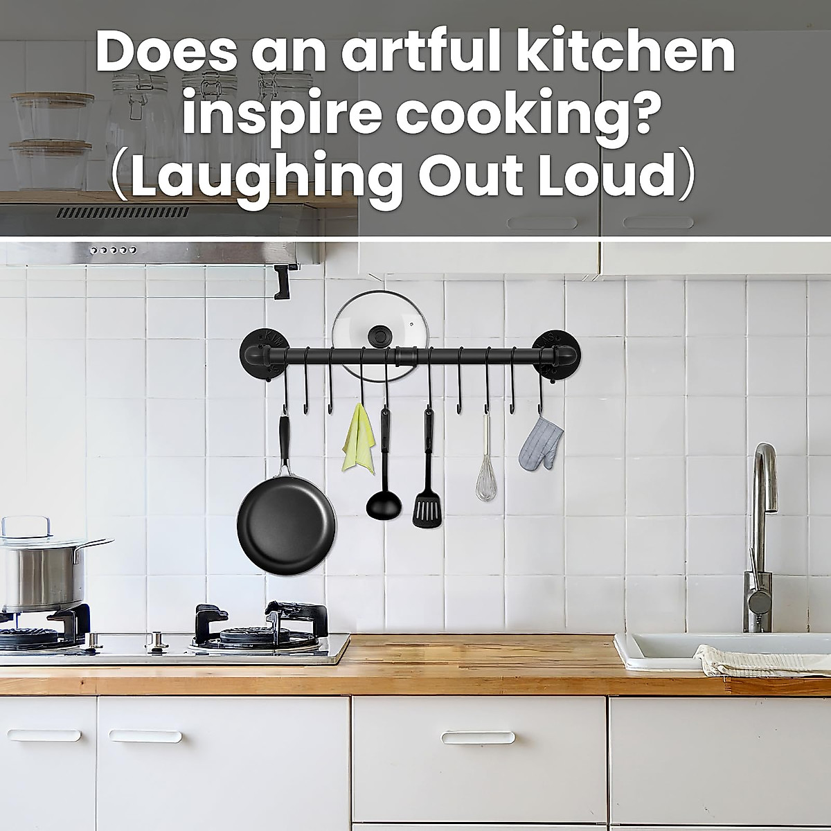 SUJOER Pot Rack Wall Mounted with 15 Hooks, Hanging Pot Pan Organizer Rack,Utensil Industrial Pipe Hanger,Heavy Duty Cast Iron Skillet Storage Rail,Cabinet Black Pots and Pans Storage (23.7inch)