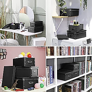 SEEKIND Storage Box, Decorative Storage Bins with Lid,3 in 1 Set,Plastic,with Handles,Press-Stud Fastening,Moisture-proof,Foldable for Space Saving Storage,for Clothes,Cosmetic,Blankets (Black) …