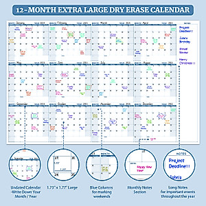 Large Dry Erase Calendar for Wall – Yearly Wall Calendar Dry Erase, 37" x 57.9", 12-Month Undated Blank Calendar Planner, Reusable Laminated Task Organizer with Note, Great for Office, Classroom, Home