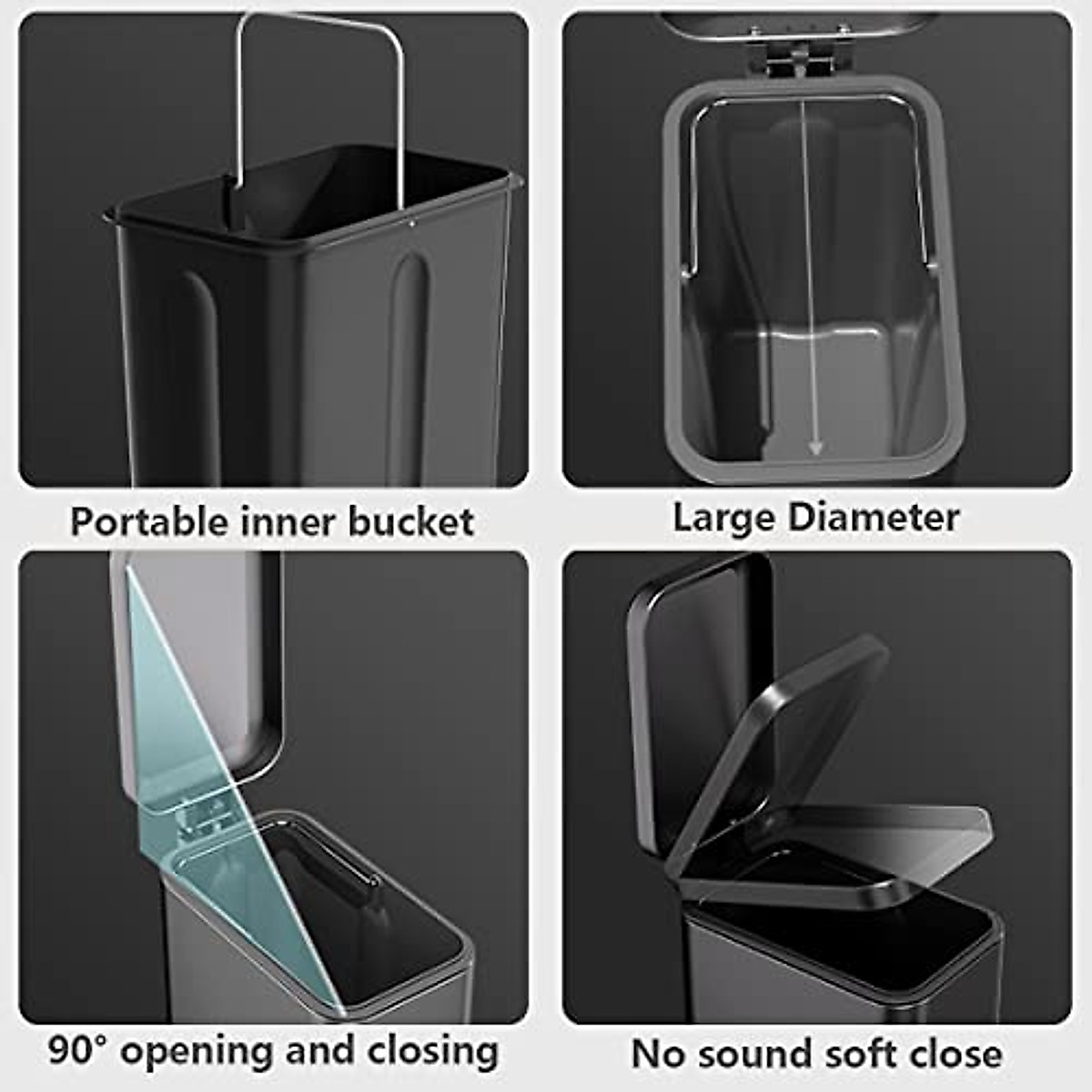 Aupekro Trash Can with Lid Soft Close, 2.6 Gallon Stainless Steel Step Garbage Can, Slim Rectangular Trash Bin with Removable Inner Bucket for Bedroom, Bathroom, Kitchen, Office(Black)