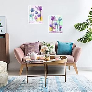 Purple Verbena Art Colorful Flowers Wall Art Butterfly Picture Purple Blue Pink Dandelion Abstract Painting Canvas Print Modern Artwork for Home Living Room Bathroom Bedroom Framed 12"x16"