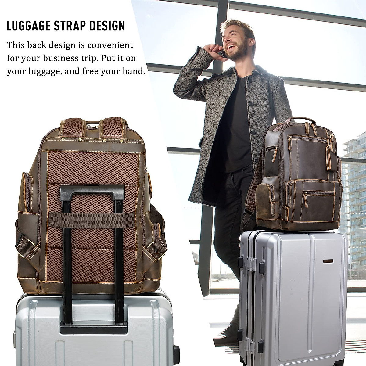 Compalo Leather Backpack for Men, Full Grain Genuine Leather 15.6 Inch Travel Backpack Laptop Bag for Work, Business, Camping, Hiking Backpack Rucksack Brown