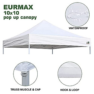 Eurmax New 10x10 Pop Up Canopy Replacement Canopy Tent Top Cover, Instant Ez Canopy Top Cover ONLY, Choose 30 colors,Bonus 4PC Pack Canopy Weight Bag (White)