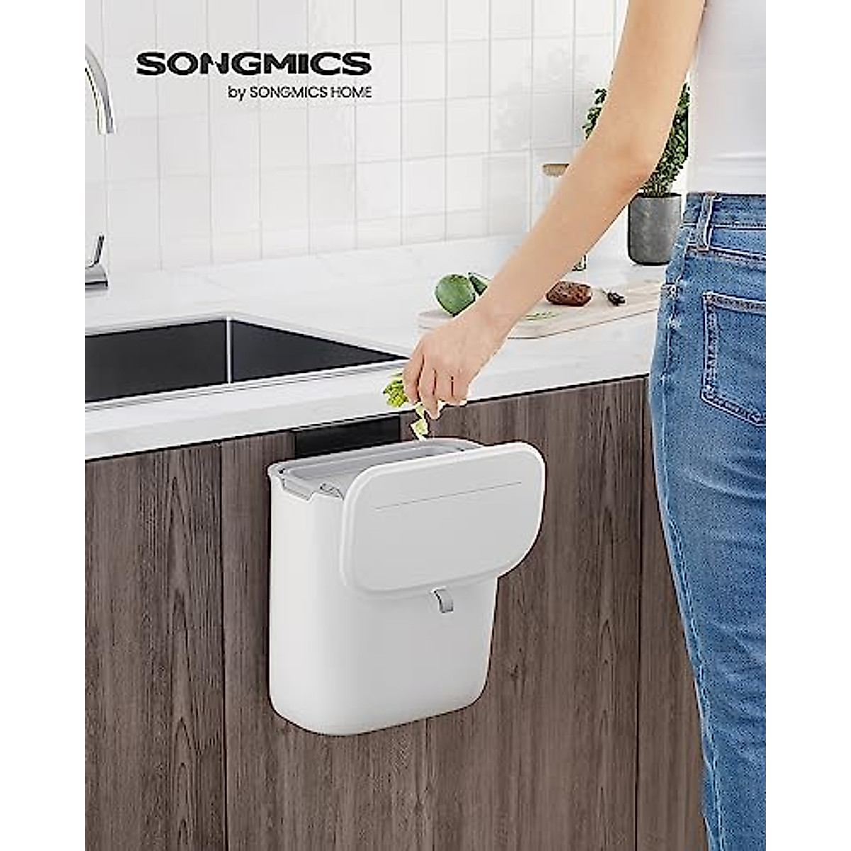 SONGMICS Hanging Trash Can, 2.4-Gallon Kitchen Trash Can with Lid for Food Waste, Wall Mounted Trash Can, Hanging or Sticking on Cupboard Door, for Kitchen Cabinet, Under Sink, White ULTB820W9
