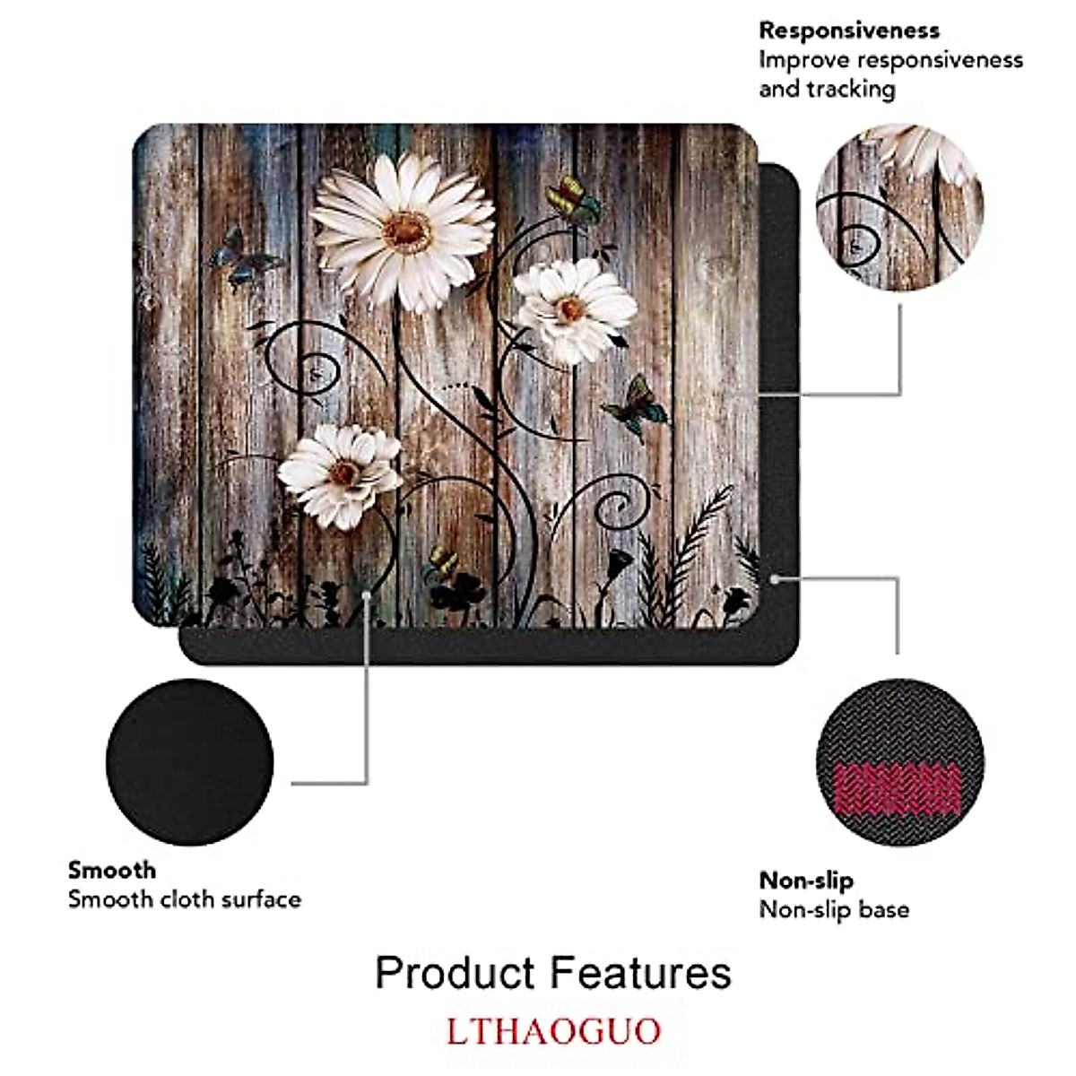 LTHAOGUO Mouse Pad, Butterfly Daisy on Wooden Personality Design Mousepad Waterproof Anti-Slip Rubber Base Office Decor Mousepad for Women Men, Laptop, Computers, 9.5 x7.9 inch, Rustic White Flower