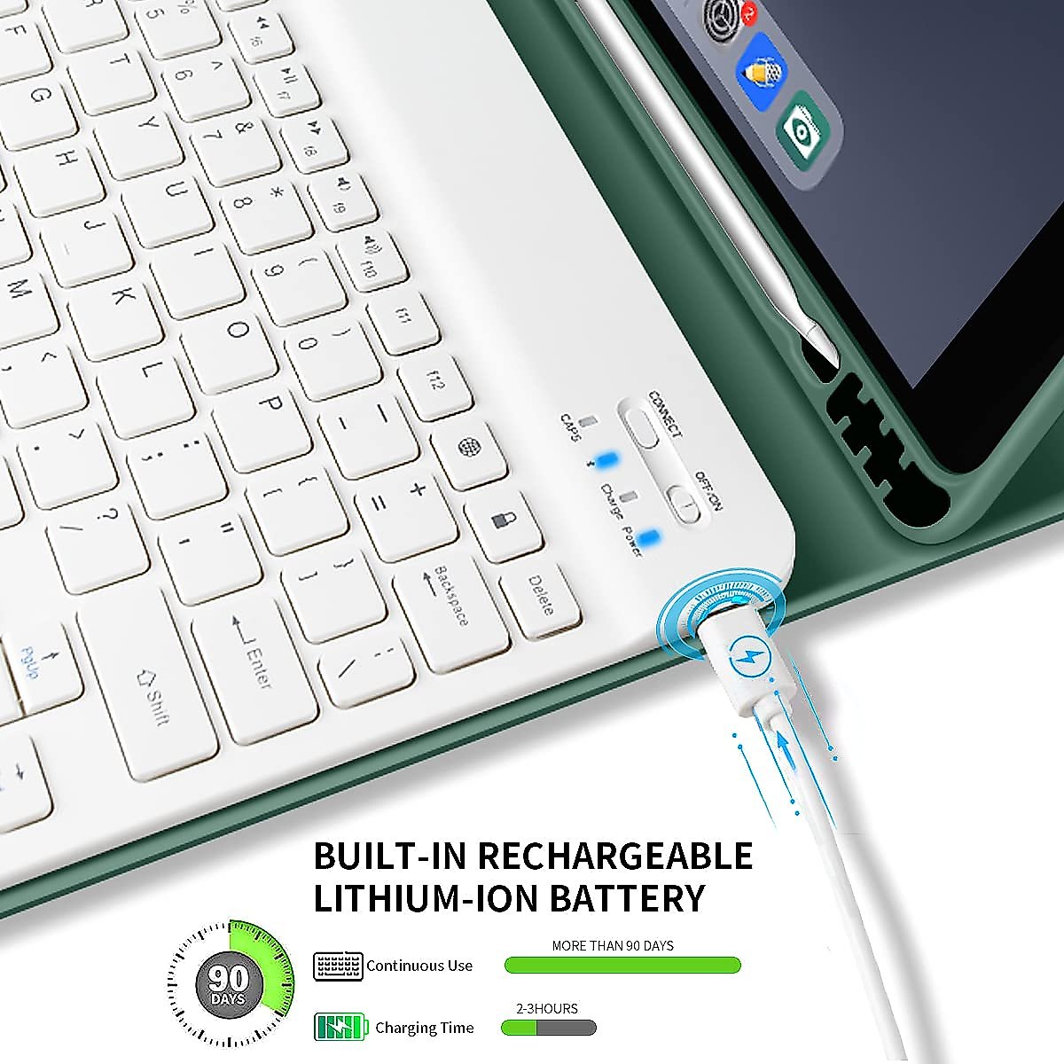 Keyboard Case for iPad 9th/8th/7th Generation 10.2 Inch 2021/2020/2019, Soft TPU Back Stand Cover Smart Case with Pencil Holder, Magnetically Detachable Wireless Bluetooth Keyboard, Dark Green