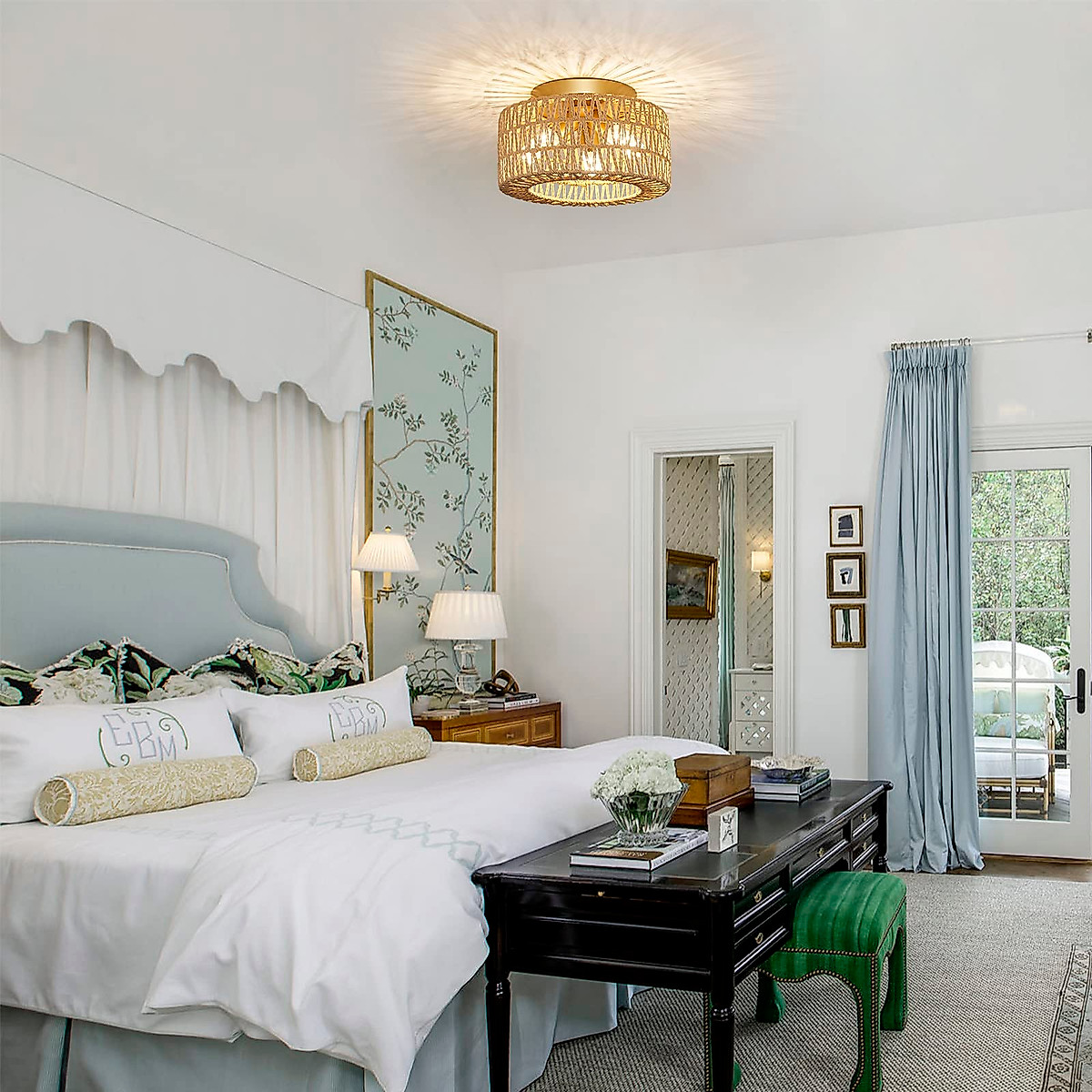 Rattan Light Fixtures Ceiling Mount, 3-Lights Boho Flush Mount Ceiling Light, Hand-Woven Cage Shade Lamp Lighting, Rustic Rattan Chandelier for Hallway Bedroom Kitchen Farmhouse Foyer Entryway (Gold)