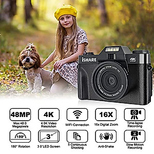 4K Digital Cameras for Photograpy, 48 MP FHD Vlogging Camera with WiFi 16X Digital Zoom 3.0 Inch Flip Screen for YouTube ( 32GB & 2 x Batteries )