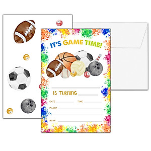 Chuxvon Birthday Party Invitations, All Star Sports Birthday Invitations, Double-Sided Fill In Birthday Invites, Birthday Party Favors Decorations Supplies, 20 Cards With 20 Envelopes(Invite-A14)