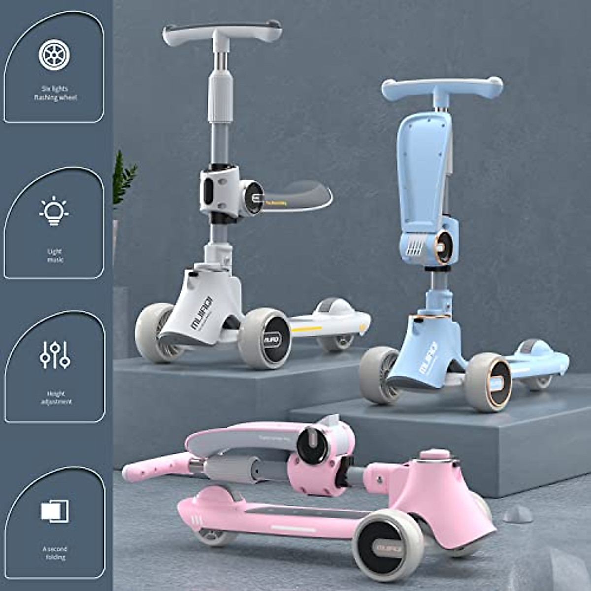 Scooter for Kids, Child Toddlers Toy, 3 Wheel Foldable Kick Scooters with Adjustable Height, Anti-Slip Deck, Flashing Wheel Lights, for Boys Girls Ages 2-12 Years Old (Blue (with seat))