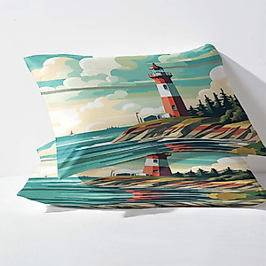 Lighthouse Sheets Full Size, Ocean Sea Bed Sheets, Patterned Bedding Sheets & Pillowcases 4 Piece Set - Soft Microfiber Deep Pocket Fitted Sheet & Flat Sheet & 2 Pillow Cases L3-&-227