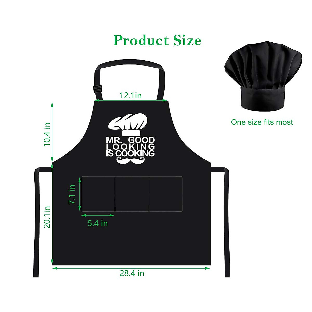 Funny Cooking Apron and Chef Hat Set for Men - Adjustable Bib Chef Apron for Men with 3 Pockets - BBQ Grill Apron for A Husband, Dad, Son, Grandfather Boyfriend Or Any Friend - Mr. Good...