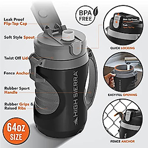 HIGH SIERRA, [BPA FREE] 64 OZ Insulated Water Jug, [Silicone Spout – NO MORE TEETH BUMPS] Built-in Fence Anchor, Keeps Iced Water Cold for Hours, EXTRA LARGE Sports Bottle, Black