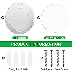 Shower Curtain Rod Holders for Wall – Kitosun Adhesive Tension Rod Retainer 3/5 Deep Support Brackets with Tape for No Drilling Quick Mount and Screws for Permanent Installation (2pcs,White)