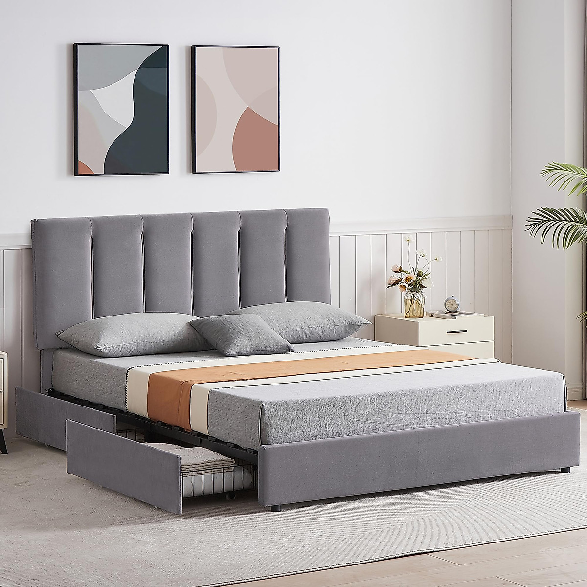 VECELO Queen Upholstered Bed Frame with 4 Storage Drawers and Adjustable Velvet Headboard, Heavy-Duty Platform bedframe, No Box Spring Needed, Grey