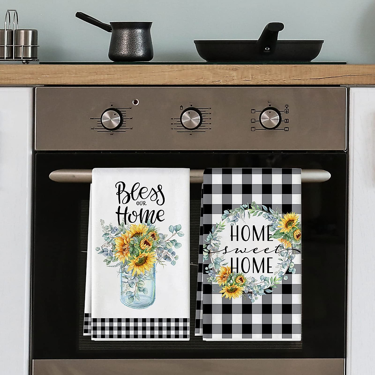 AnyDesign Summer Sunflower Kitchen Towel Buffalo Plaids Dish Cloths Floral Dish Towel Home Hand Towels Sweet Hand Drying Tea Towel for Seasonal Holiday Cooking Baking Cleaning Wiping, 18 x 28 In, 2Pcs