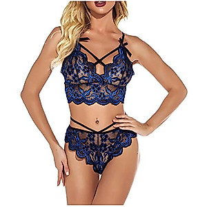 Lace Bodysuit for Women, Full Body Fishnet Bodysuit Black Lingerie Sexy Lengerie Set New Women Embroidery Wireless Bra Lingerie Set Hollow Out Thong Garter Gifts Her Clothes (XL, Blue)
