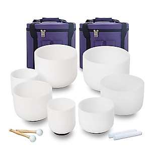KVKA 7-12 inch Crystal Singing Bowls Set of 7 pcs Quartz Frosted Singing Bowls For Sound Healing with 2 PCS Travel Carry Case Bag (7-12inch, Random frequency)