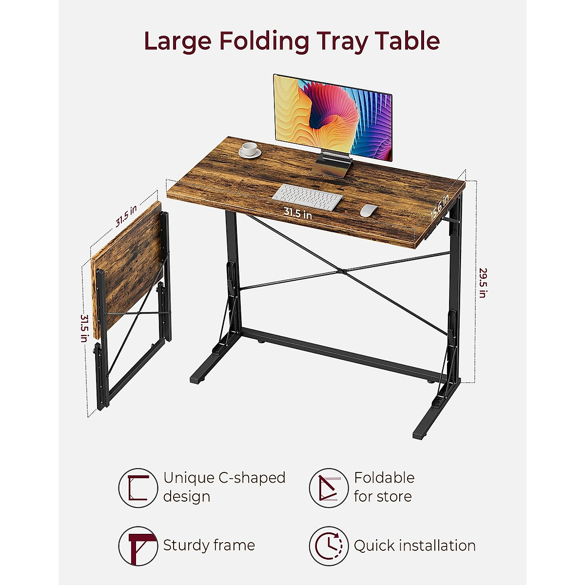 Vantic 31.5" Folding Desk, Foldable TV Tray Table for Eating on Couch, Extra Large TV Dinner Trays, Portable Fold Computer Writing Desk Table for Home Office, Rustic Brown