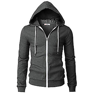 H2H Mens Slim Fit Zip Up Lightweight Long Sleeve Hoodies CHARCOAL US S/Asia M (CMOHOL048)