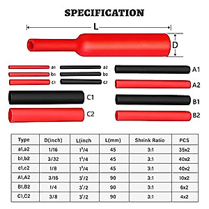 RED WOLF Heat Shrink Tubing Kit, 3:1 Shrinkage Ratio, Adhesive Lined Electrical Cable Harness Heat Shrink Tube Marine Grade for Wire Wrap Connection Insulation 270 PCS Black Red Waterproof