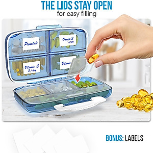 Pill Organizer Airtight Pill Box Large Pill Dispenser Home Travel Supplement Holder Portable Vitamin Sorter Jumbo Size 8 Compartment Airtight Vitamin Container Daily Medicine Travel Essentials