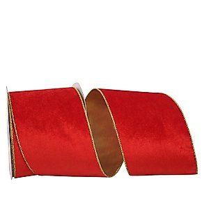 Reliant Ribbon Plush Velvet Gold Lame Backed Wired Edge Ribbon, 4 Inch X 10 Yards, Red