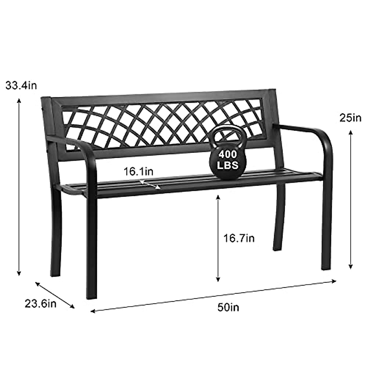 Hkeli Garden Bench Patio Park Metal Bench with Armrests Sturdy Steel Frame Black Porch Outside Bench Cast Iron Porch Bench for Yard Front Porch Path Lawn Work Entryway, 400lbs
