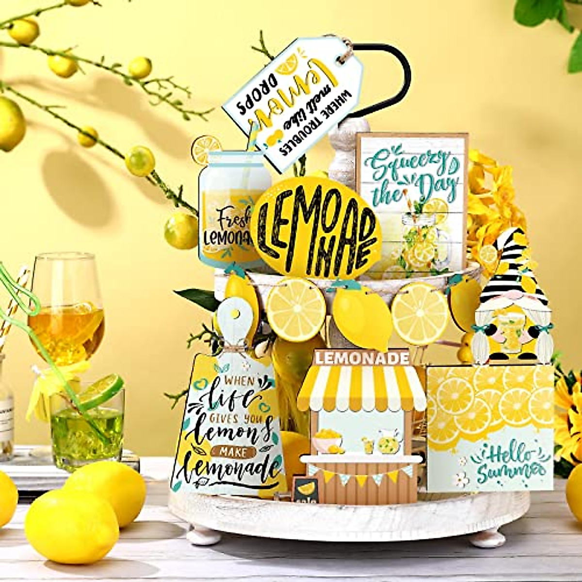 Qunclay 13 Pieces Fresh Lemon Tiered Tray Decor Wooden Lemonade Themed Home Decorations Farmhouse Summer Table Decor Rustic Wood Lemonade Sign for Kitchen Living Room Party Gifts