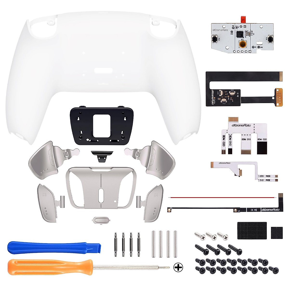 eXtremeRate White Programmable Real Metal Buttons (RMB) Version RISE4 Remap Kit for PS5 Controller BDM 010 & BDM 020, Upgrade Board & Redesigned Back Shell & 4 Back Buttons for PS5 Controller