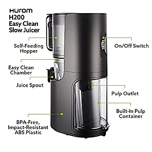 Hurom H-200 Easy Clean Electronic Juicer Machine (Black) - Self Feeding Slow Juicer w Big Mouth Hopper to Fit Whole Fruits & Vegetables - Healthy Living - Rinse Clean No Scrub BPA Free Easy Assembly