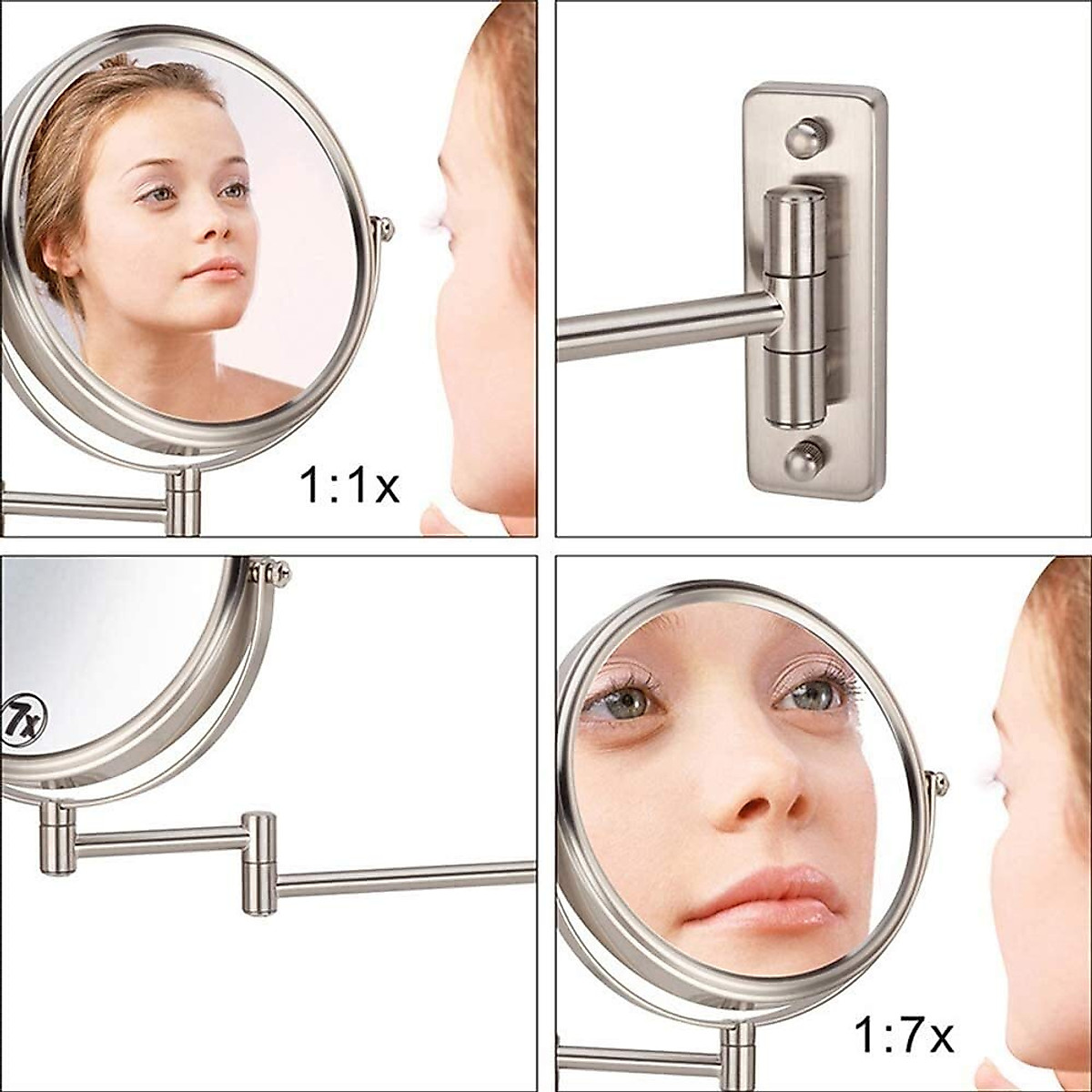 7X Magnifying Lighted Makeup Mirror Wall Mounted Swivel Mirror 6-inch Extending Folding Double Side Cosmetic Bathroom Shaving Mirror Matte Round Chrome Finished Powered by Batteries Vanity Mirror