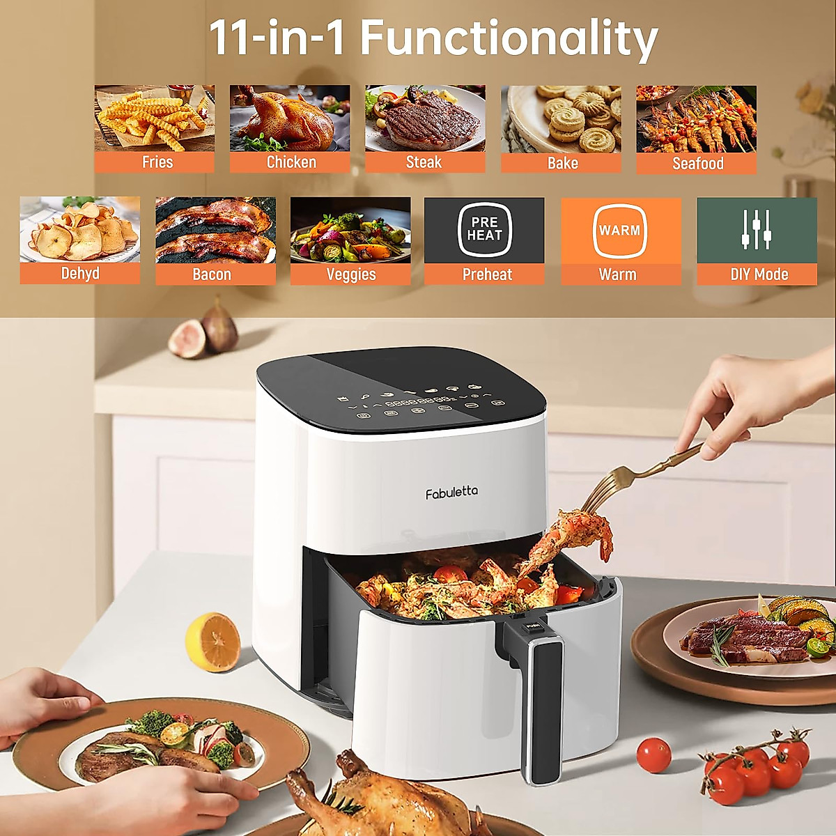 FABULETTA Air Fryer 6QT, 11-in-1 Large Air Fryers, 450F Max Crisp, Nonstick Basket, Diswasher Safe, Shake Reminder for Roast, Bake, Dry, Reheat, Frozen, Broil, Proof-White