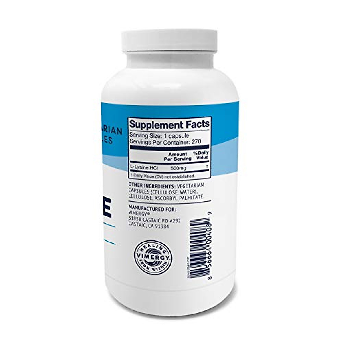 Vimergy L-Lysine 500MG Capsules, 270 Servings – Essential Amino Acid – Supports Immune System, Healthy Skin, Muscles, Bone & Tissue – Vegetarian, Non-GMO, No Gluten, Kosher (270 count)