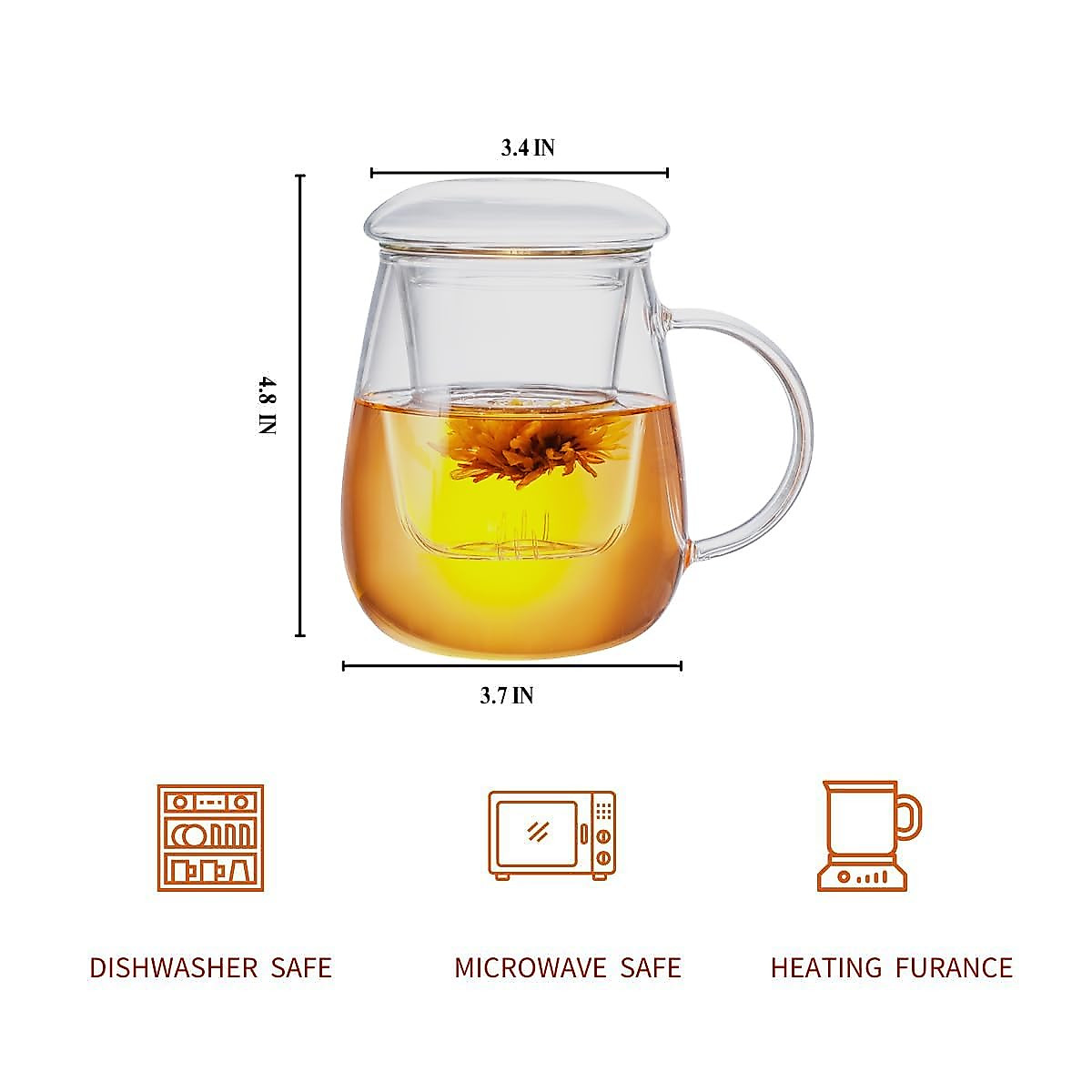 JPPSUJJ Glass Tea Cup with Infuser and Lid, Steeping Mug with Removable Strainer and Lid for Loose Leaf Tea, Borosilicate Glass Mug for Blooming Tea (Clear, 17.6 oz Capacity)