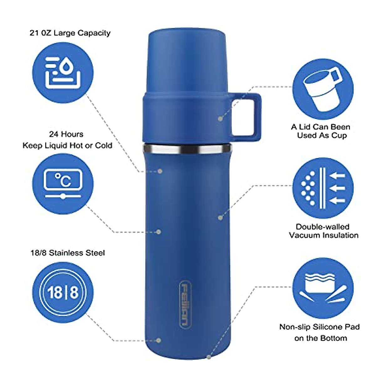 Insulated Water Bottle with Cup, 21 OZ Stainless Steel Water Bottle, Coffee Insulated Bottle with Handle, Double-Walled Thermal Water Bottle for Hot Drinks & Cold Drinks, Blue
