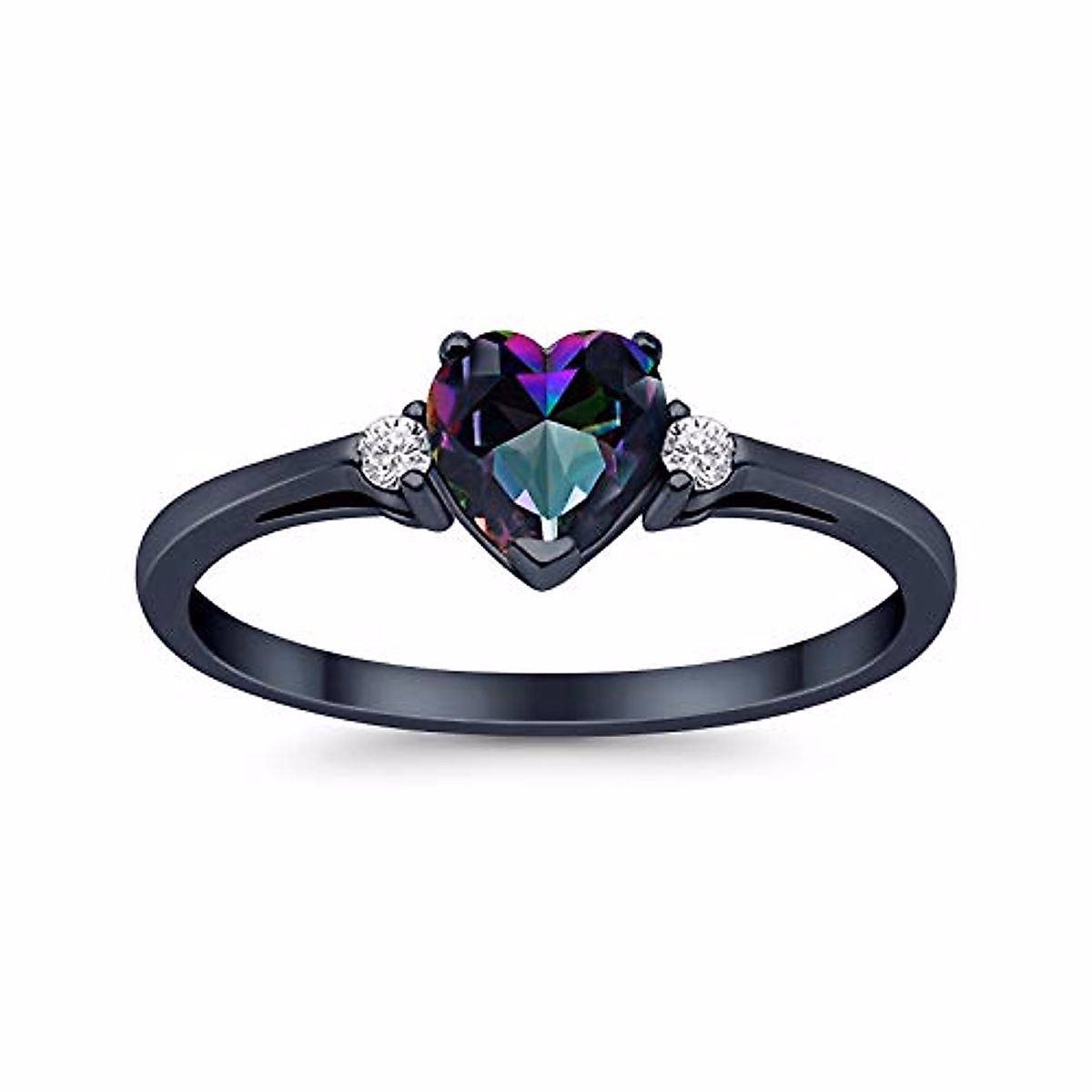 Blue Apple Co. Rainbow CZ Black Tone Size-6 Minimalist 7mm Promise Ring Trellis Three Stone Heart Shaped CZ Wedding Engagement Rings For Women 925 Sterling Silver Gifts For Her