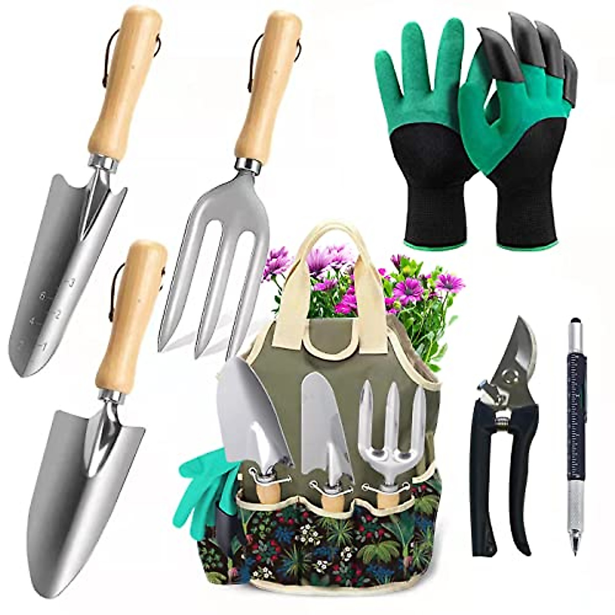 Tesmotor Garden Tools Set, Gardening Gifts for Women Men, 7-Piece Heavy Duty Stainless Steel Gardening Tools with Ergonomic Wooden Handle, Include Multitool Pen and Durable
