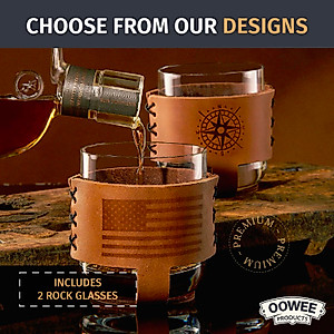 Oowee Genuine Leather Sleeve & Rocks Glasses - Set of 2 | 9.6 oz Whiskey Glasses & Old Fashioned Glasses | Great Gift for Men - Sleeve Made in the USA - American Flag