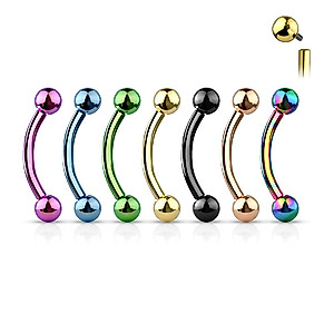 Pierced Owl 16GA G23 Implant Grade Titanium Internally Threaded Ball Ends Cartilage Helix Rook Eyebrow Curved Barbell (Rainbow)