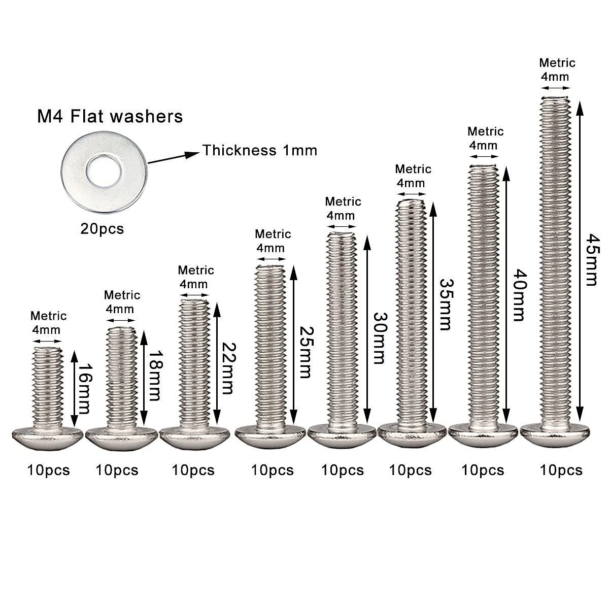 4mm Metric Knobs Screws,Sinyiol 100Pcs M4 x 16mm,18mm,22mm,25mm,30mm,35mm,40mm,45mm Phillips Truss Head Machine Screws Bolts with Washers for Cabinet Drawer Pull Handle (Mixed Pack 16-45mm, 100Pcs)